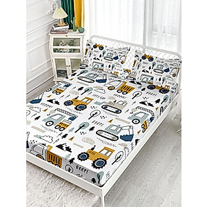 Datura home Woodland Construction Sheets Set 4Pcs for Kids,Cartoon Excavator Truck Lifter Print Sheet Set with 1 Flat Sheet and 1 Fitted Sheet + 2 Pillowcases(Woodland Construction Full)