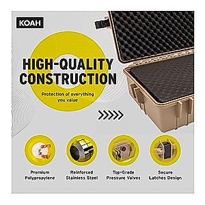 Koah Weatherproof Hard Case with Customizable Foam (28.3" x 16.9" x 7.0" Inch Outer, 25.4" x 13.7" x 6.4" Inner) - Tan