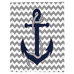 Flannel Fleece Luxury Lightweight Cozy Couch/Bed Super Soft Warm Plush Microfiber Throw Blanket,Nautical Navy Anchor with Gray and White Chevron (50 x 80 Inches)