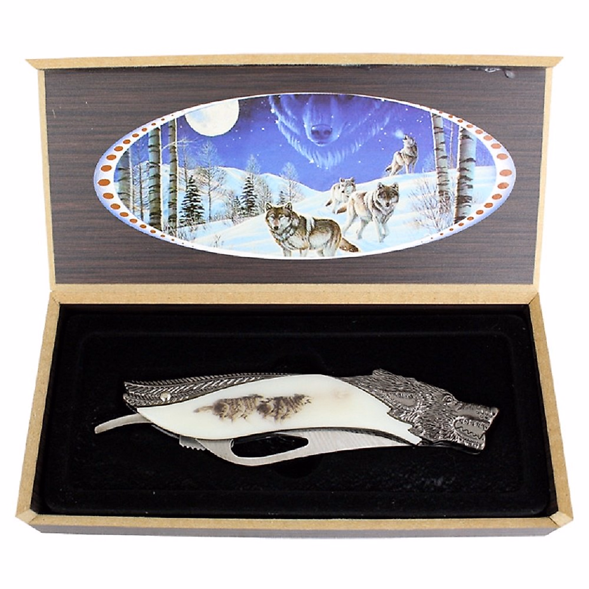 TheBoneEdge 8" Wolf Pattern Handle Folding Knife with Gift Box