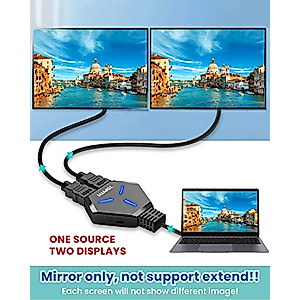 HDMI Splitter 1 in 2 Out, TOPYIYI 4K HDMI Splitter for Dual Monitors with Pigtail HDMI Cable, HDCP1.4 Bypass, Supports 4K@30Hz 3D 1080P for Xbox PS4 PS3 Blu-Ray Player Fire Stick Cable Box