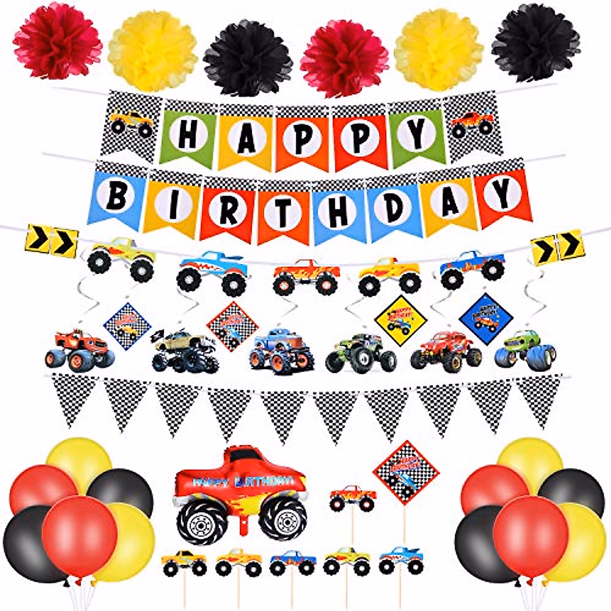 39 Piece Truck Birthday Party Supplies Happy Birthday Banner Truck Banner Triangle Bunting Flags Pom Poms Flowers Hanging Swirls Truck Shape Balloons Multicolor Balloons Cupcake Topper