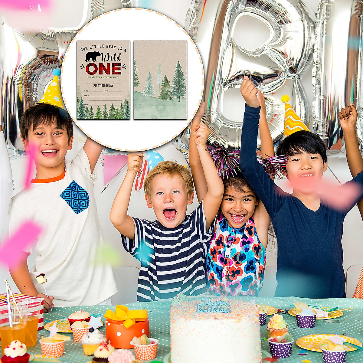 Wild One Birthday Party Invitations with Envelopes (20-Pack), 4"x6" Rustic Bear Buffalo Plaid 1st Birthday Invitation Cards, Fill-in Style Party Invites-B08