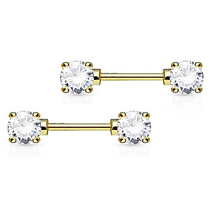 Forbidden Body Jewelry 14g 1/2 Inch (12mm) 14k Gold Plated Clear CZ Crystal Front Facing Gemmed Nipple Ring Barbell Set