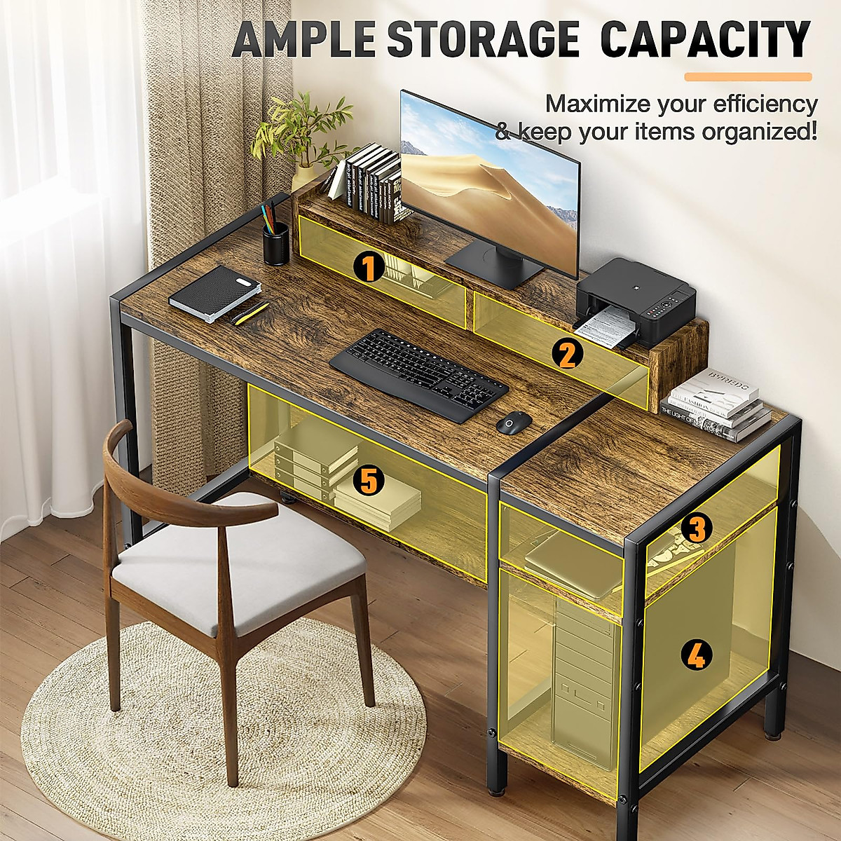 Gimars Upgrade 47” Computer Home Office Desk with Monitor Stand, Rustic Writing Desk with Adjustable Shelves & Large Bookshelf, Easy Assembly Gaming Desk, Spacious, Modren Design for Home Office