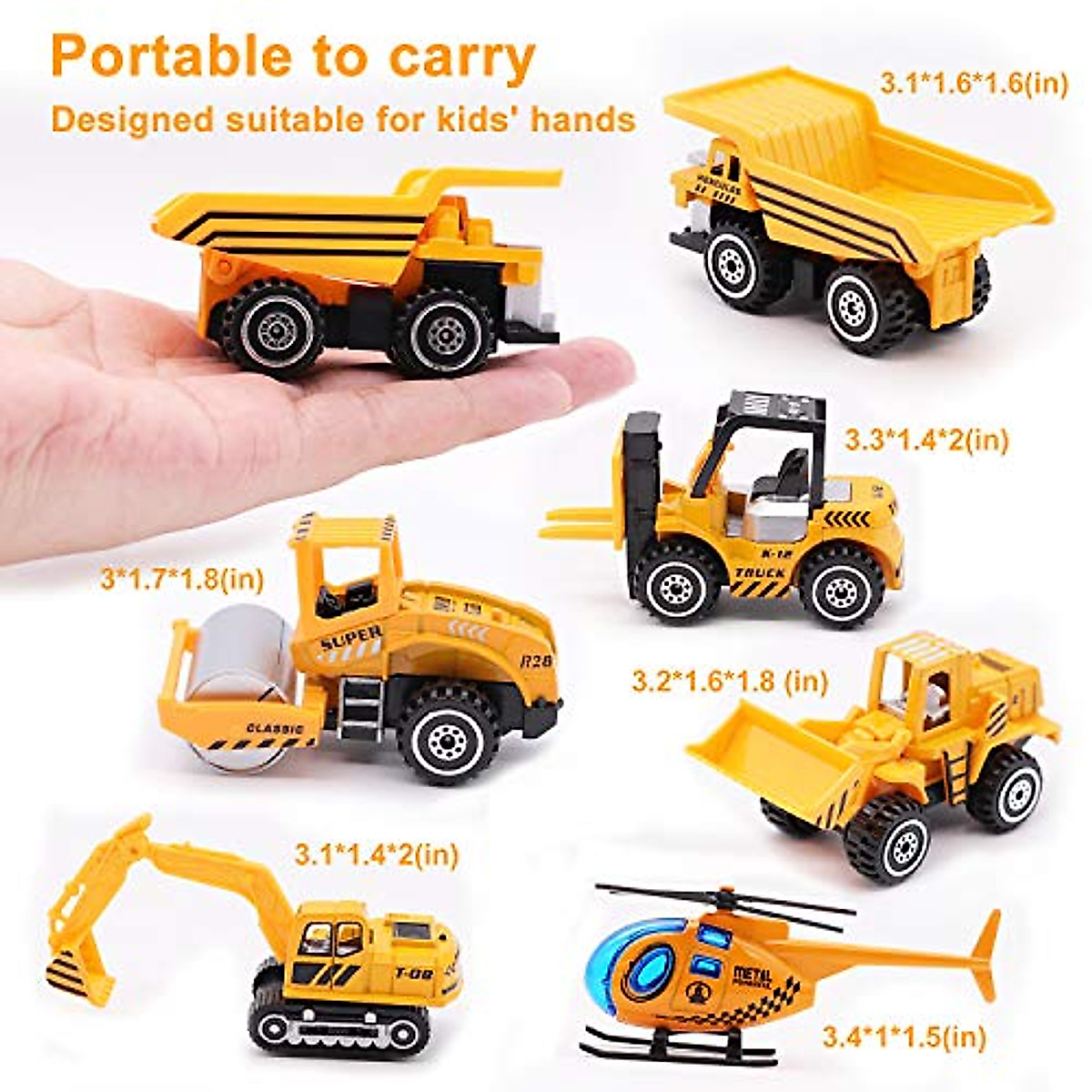 Childom Engineering Vehicle Toys Set Alloy Construction Big Forklift,Single Drum Roller,Stacker/Crane,Helicopter,Excavator,Heavy Duty Truck Mini Toy Set for Kids Boys Girl
