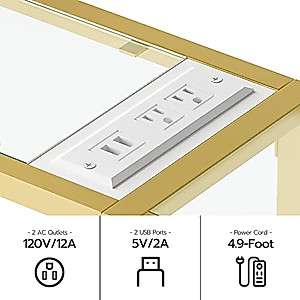 HOOBRO Gold Console Table, 70.9" Tempered Glass Sofa Table, Modern Extra Long Entryway Table with USB Ports, Behind Couch Table for Entryway, Hallway, Foyer, Living Room GD18UXG01