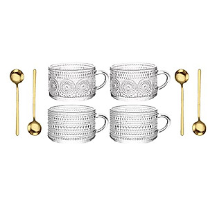 Vintage Glass Coffee Mugs 14 Oz Set of 4 Embossed Glass Cups for Tea, Coffee Mugs for Cappuccino, Latte, Cereal, Yogurt, Hot/Cold Holiday gift and Housewarming, Great Gift