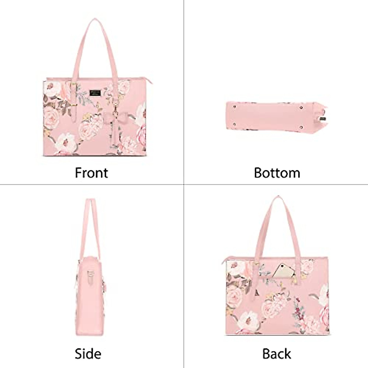 MOSISO Laptop Tote Bag Compatible with MacBook Air 15 inch M2 A2941/Pro 16 M3 M2 M1, 15-15.6 inch Notebook, Peony PU Leather Travel Work Briefcase with Detachable Bowknot & Small Purse, Pink