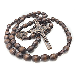 Nazareth Store St.Benedict Wood Beads Rosary Necklace Cord Beaded Catholic Rosary Saint Medal with Cross in Bronze Plating