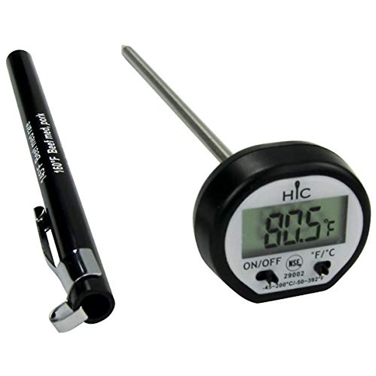 HIC KItchen Roasting Instant-Read Digital Meat Thermometer, Shatterproof LCD Display, Stainless Steel with Protective Sheath and Internal Temperature Chart