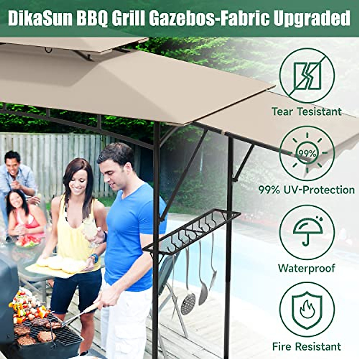 DikaSun Grill Gazebo 11x5 Double Tiered with Extra Shadow BBQ Waterproof Canopy Outdoor Gazebos for Patio, Backyard(Sand)