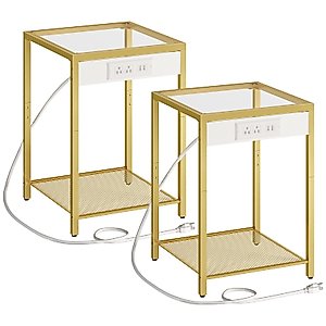 HOOBRO Side Table with Charging Station, Set of 2 End Tables with USB Ports, Nightstand for Tight Spaces, Tempered Glass, Modern Metal Frame, for Office, Bedroom, Living Room, Gold GD76UBZP201