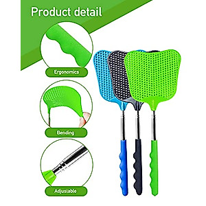 Wapodeai 3 pcs Fly Swatter, Fly Swatter Plastic,Telescopic Fly Swatters, Large Bug Swatter That Work for Indoor and Outdoor. (Black Blue Green)