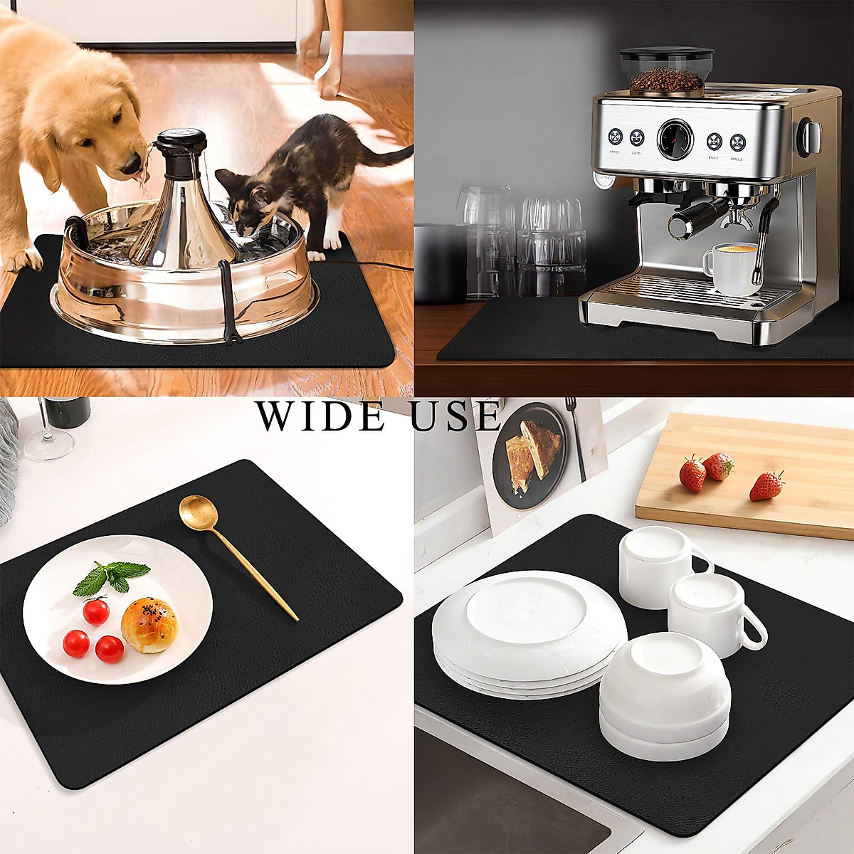 Coffee Mat for Countertops ,Coffee Bar Accessories Fit Under Coffee Maker Espresso Machine, Absorbent Hide Stain Rubber Mat for Countertop ,Dish Drying Mat for Kitchen Counter (Black, 12"x19")