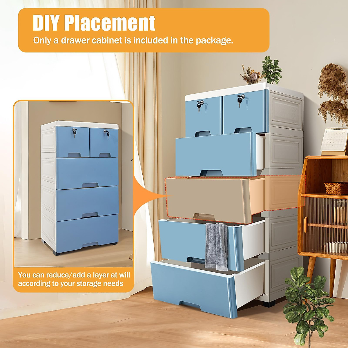 YIPONYT 6 Drawer Plastic Dresser Storage Tower Closet Organizer Unit with Keys Clothes Organizer for Bedroom, High Capacity 5 Layer Drawer Storage Cabinet on Wheels (Blue, 19.7" W x 13.8" D x 40" H)