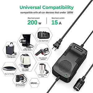 AC to DC Converter, RoyPow 180W (Max 200W) 15A 100V~120V to 12V Car Cigarette Lighter Socket AC/DC Power Supply Adapter Transformer for Inflator, Car Refrigerator
