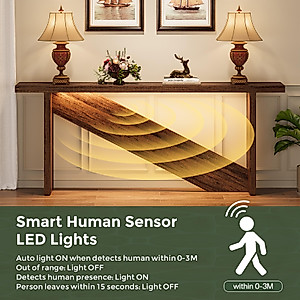 VANOMi Console Table with LED Lights, 70.86" Long Sofa Table Behind Couch, Narrow Wood Entryway Table, Farmhouse Foyer Table, Industrial Console Table for Entryway, Living Room, Hallway, Rustic Brown