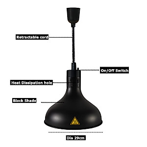 Hanging Food Heat Lamps Ceiling Food Warmer with Infrared Bulb Warming Lamps Retractable Style (Dia 29cm(Black))