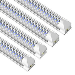 SHOPLED 8FT LED Shop Light Fixture, 72W 9360LM 6000K Cool White,High Output Linkable Tube Light, Double Sided V Shape T8 8 Foot LED Shop Lights for Garage, Warehouse, 4 Pack