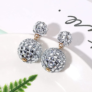 Disco Ball Earrings for Women Sparkly Mirror Ball Dangle Earrings Dance Party Country Music Concert Outfits 60s 70s Outfits Costume Accessories Halloween Jewelry Gifts (A-Silver)