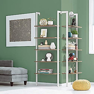 Tangkula Industrial Ladder Shelf Against The Wall, 5-Tier Wall Mount Ladder Bookshelf with Metal Frame, 72 Inches Open Bookcase Plant Flower Stand Display Storage Rack for Home Office