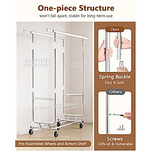 Hoctieon 2-Minute Assembly Double Rod Clothes Rack, Heavy Duty Rolling Clothing Racks with Wheels, Foldable Commercial Garment Rack, Extendable Hanging Bar, Adjustable Metal Pole with Hooks, Chrome
