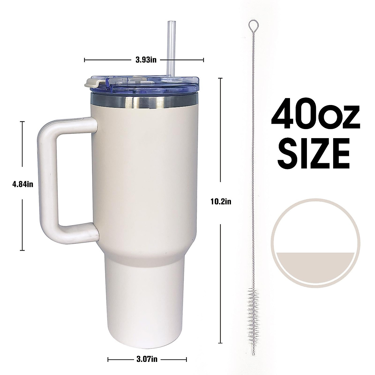 40 oz Tumbler with Handle and Straw Lid,Insulated Reusable Stainless Steel Water Bottle Travel Mug，Cupholder Friendly Double Wall Vacuum Sealed Cup Rice White