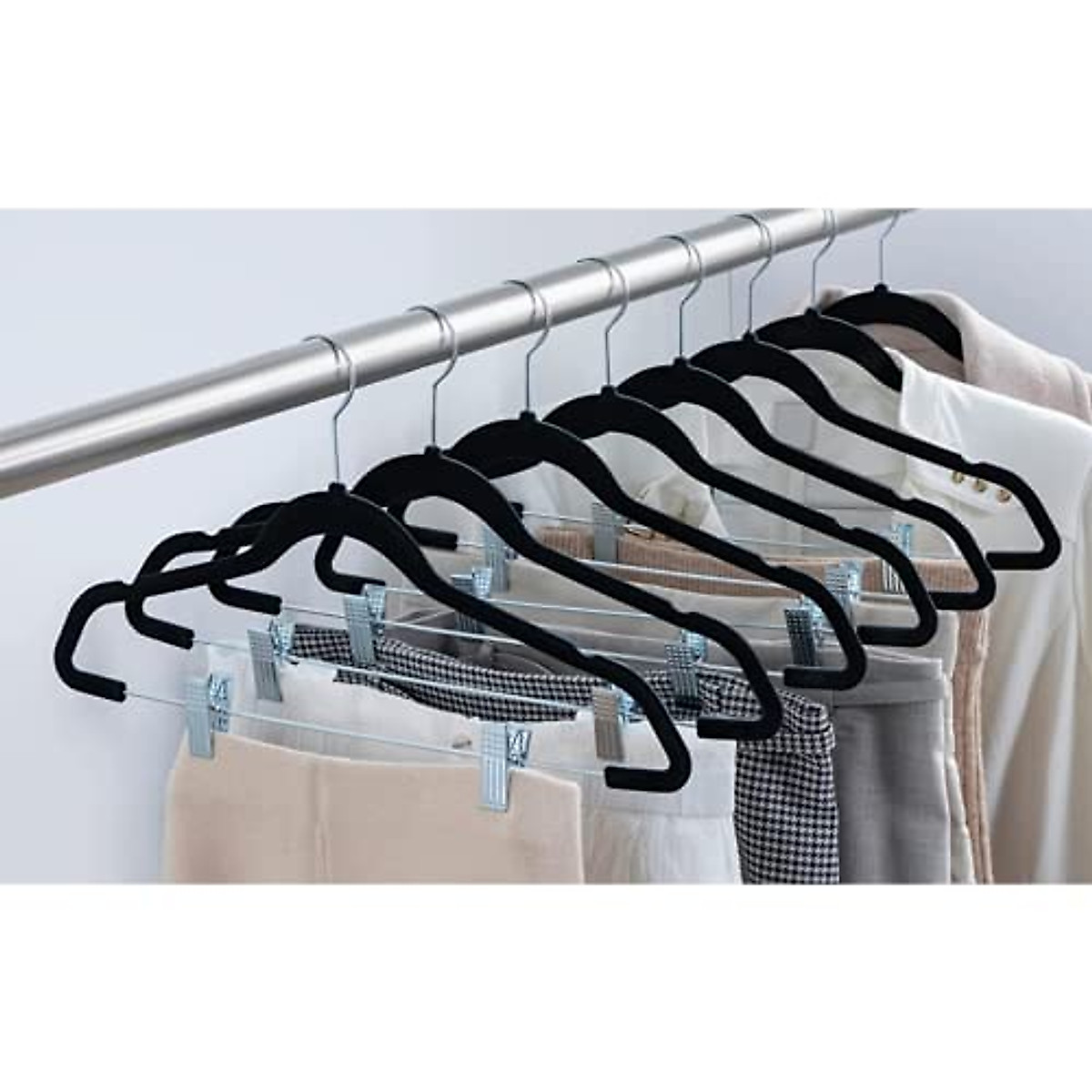 Pack of 30 Pant Hangers, 16.5 Inch Long Velvet Pant Hangers with Adjustable Clips, Heavy Duty, Non-Slip, Space Saving, 360° Swivel Hook