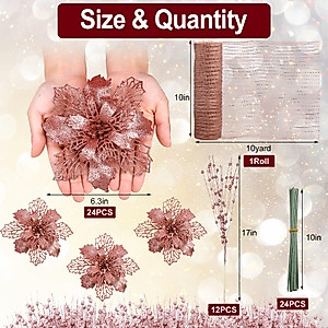 Lyrow 37 Pcs Rose Gold Christmas Glitter Poinsettia Artificial Berry Stem 10" 30 ft Deco Mesh Ribbon Set, Include 24 Christmas Flower with Stem, 12 Christmas Tree Pick 17" and Metallic Mesh Ribbon