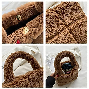 Fluffy Sherpa Mini Tote Bag for Women Girls Kawaii Purse Cute Tote Bag Aesthetic Soft Plush Handbag with Top Handle (Beige,one size)