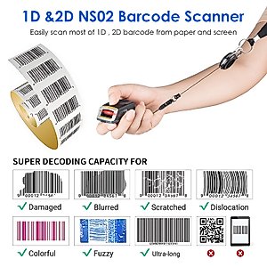 Posunitech Bluetooth Barcode Scanner 1D 2D NS02 with Lanyard Trigger Scanning Zebra SE4107 Compatible Android iOS PC IP65 NFC for Warehouse, Manufacturing, Logistics and Tough Environment