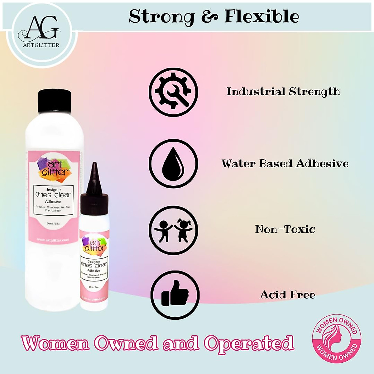 Art Institute Glitter Designer Dries Clear Adhesive Clear Glue Kit Bundle-3 Items 8oz,2oz and Metal Tip, Multicolored