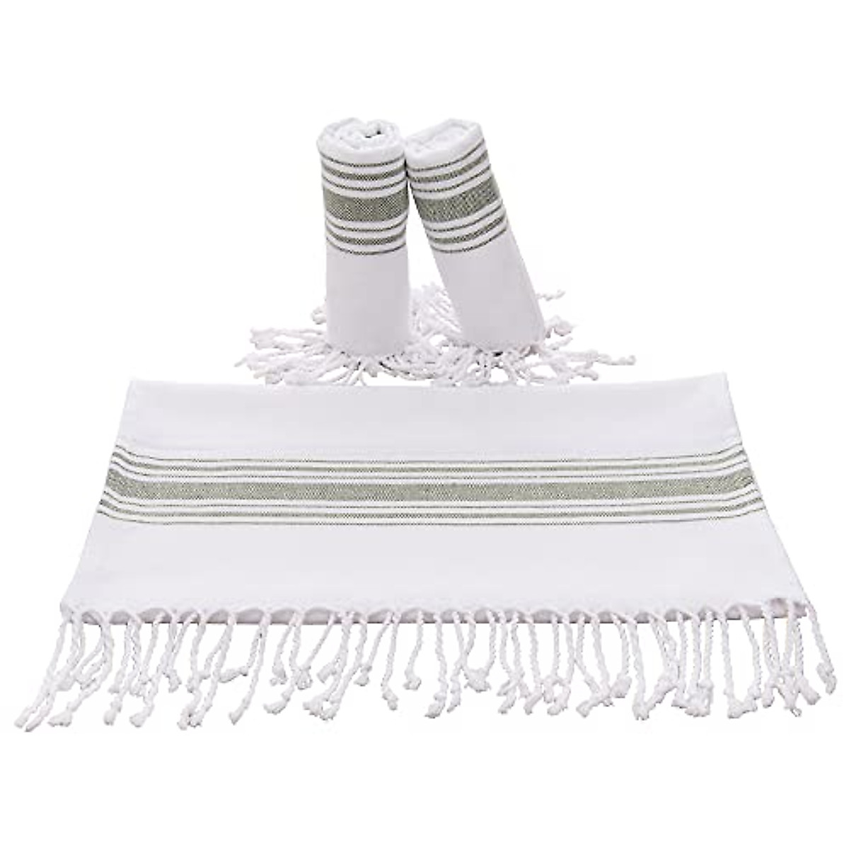 BAROOGA Hand Towels for Bathroom (Set of 3) Turkish Kitchen Towels, Farmhouse Towels for Kitchen, Fringe Tea Dish Cloth Set, Quick Dry and Highly Absorbent (18 x 38 inches) (Khaki Green)