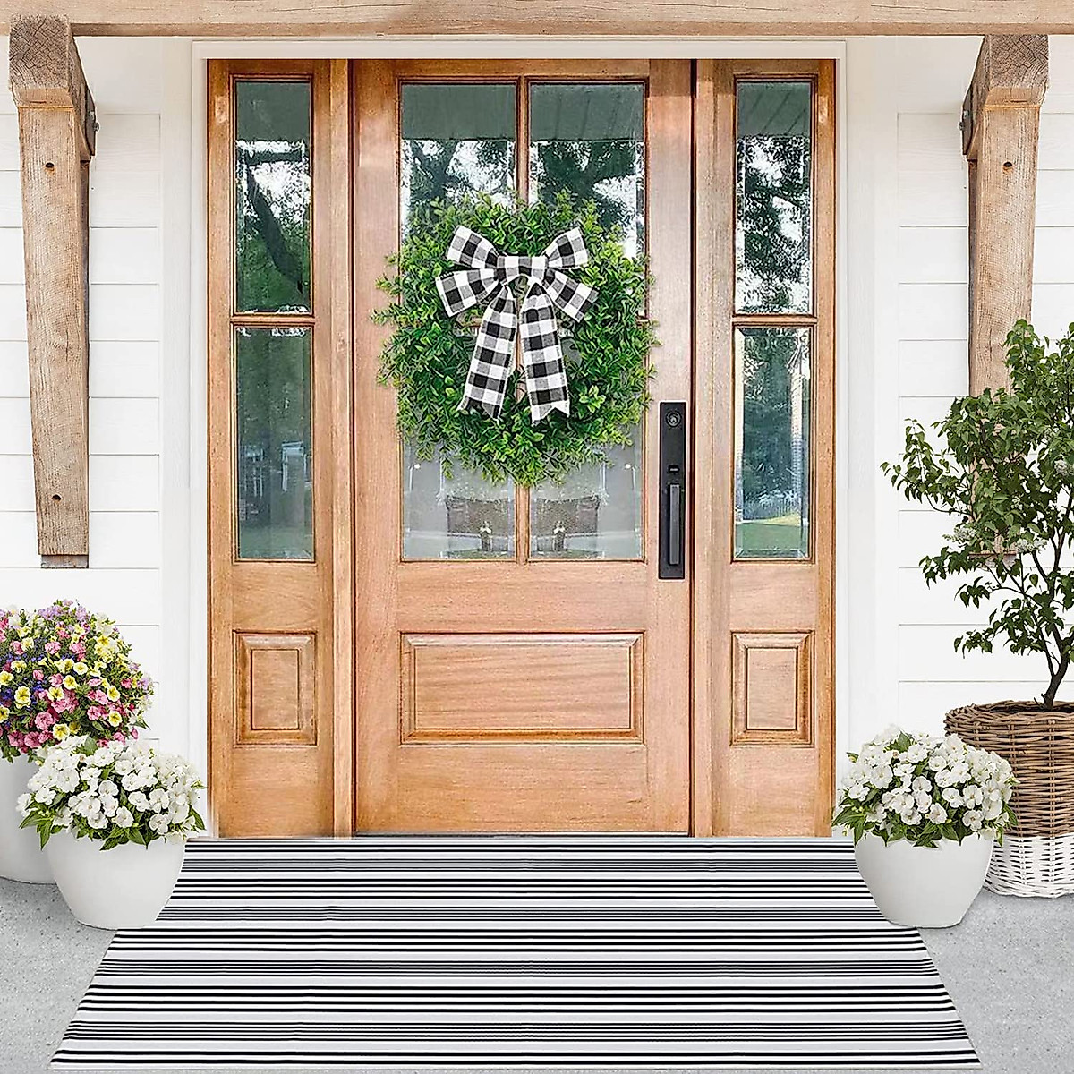 KaHouen Black and White Striped Outdoor Rug 27.5"x43", Front Porch Rug, Hand Woven Cotton Washable Striped Layered Doormats for Layered Door Mats Porch/Kitchen/Laundry Room/Farmhouse/Entryway