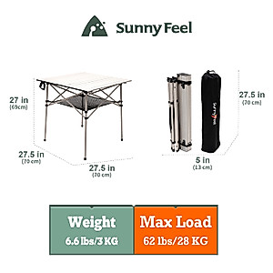 SUNNYFEEL Outdoor Folding Table | Lightweight Compact Aluminum Camping Table, Roll Up Top 4 People Portable Camp Square Tables with Carry Bag for Picnic/Cooking/Beach/Travel/BBQ