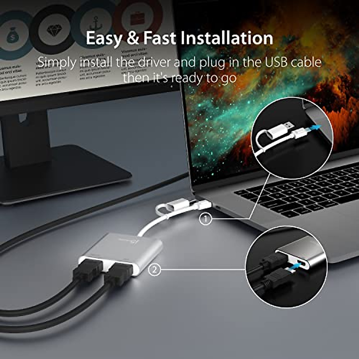 j5create USB-C to Dual HDMI Multi-Monitor Adapter with USB Type-A convertor | 4K + 2K | Compatible with Windows and Mac (JCA365)