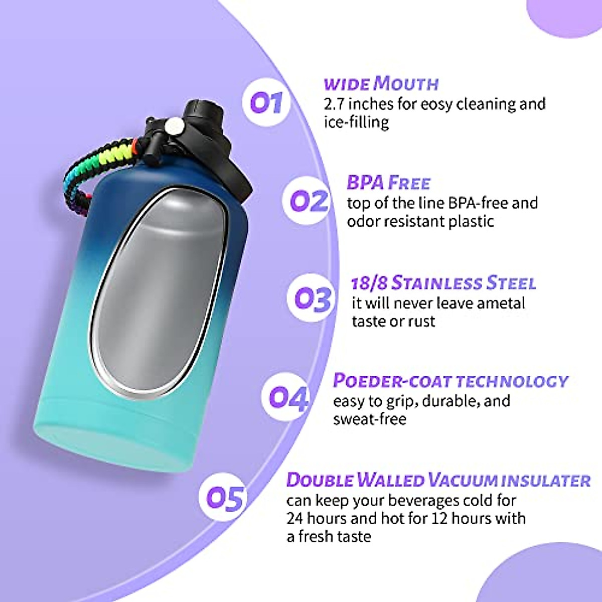 OJOJ Sports Water Bottle with Paracord - 64 oz Water Bottles with Straw Vacuum Insulated Water Jug Stainless Steel Water Bottle Water Bottle for Gym Hiking Hot and Cold Drinks