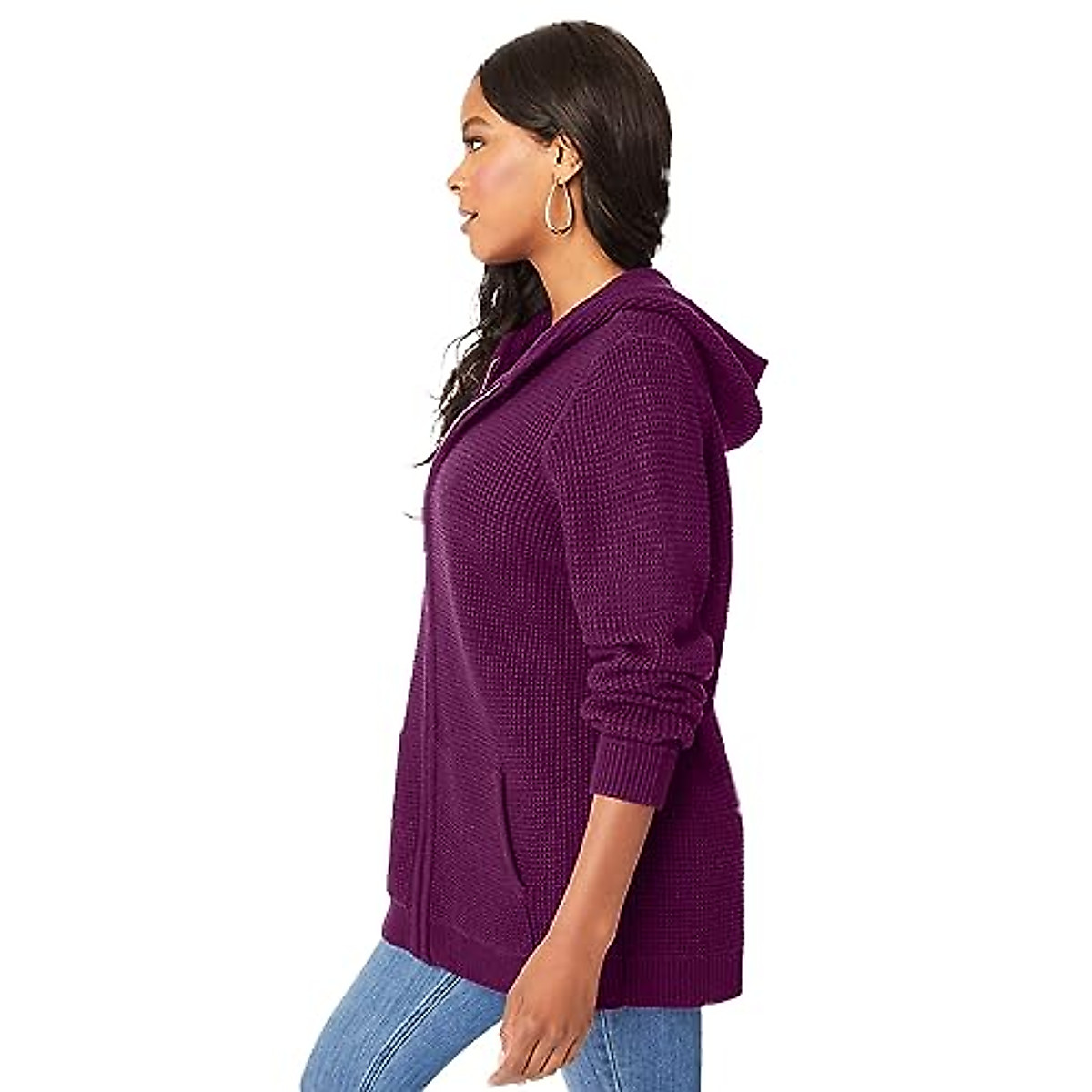 Roaman's Women's Plus Size Classic-Length Thermal Waffle Hoodie Zip Up Sweater - 3X, Medium Heather Grey Gray