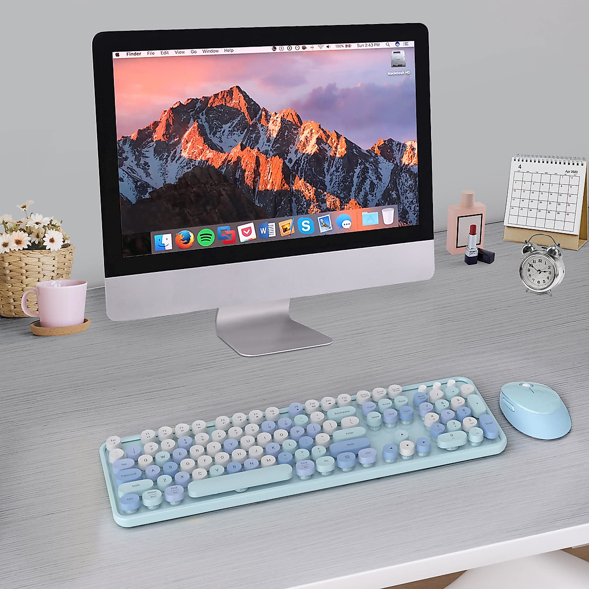 MoMoOne Wireless Computer Keyboards Mouse Combos Set, Colored Retro Round Keycaps, Colorful QWERTY Typewriter Full Size Keyboards, 2.4GHz USB Receiver Connection(Blue-Colorful)