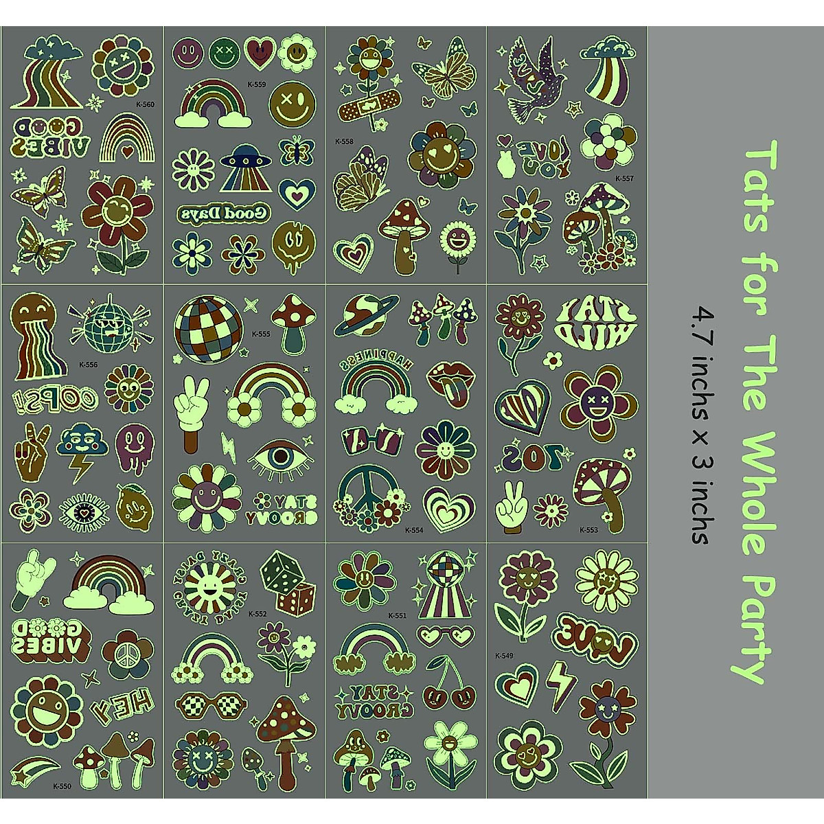 Groovy 70s Temporary Tattoos, Glow in the Dark Styles for Kids,Flower Power & Hippie Stickers,Birthday Party Supplies & Favors for Girls