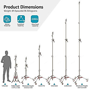 Neewer Pro 100% Stainless Steel C Stand Light Stand with Casters, Max. Height 14.4ft/440cm with 7ft/218cm Cross-Bar and Empty Sandbag for Photography Studio Reflector, Monolight and Other Equipment
