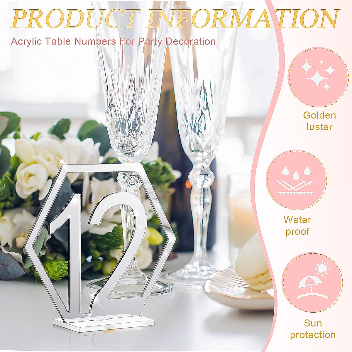 Jetec Table Numbers Wedding Acrylic Table Numbers Hexagon Wedding Numbers Hollow Out Reception Stands Seat Numbers with Holder Base for Wedding Party Event Catering Decoration (Silver)