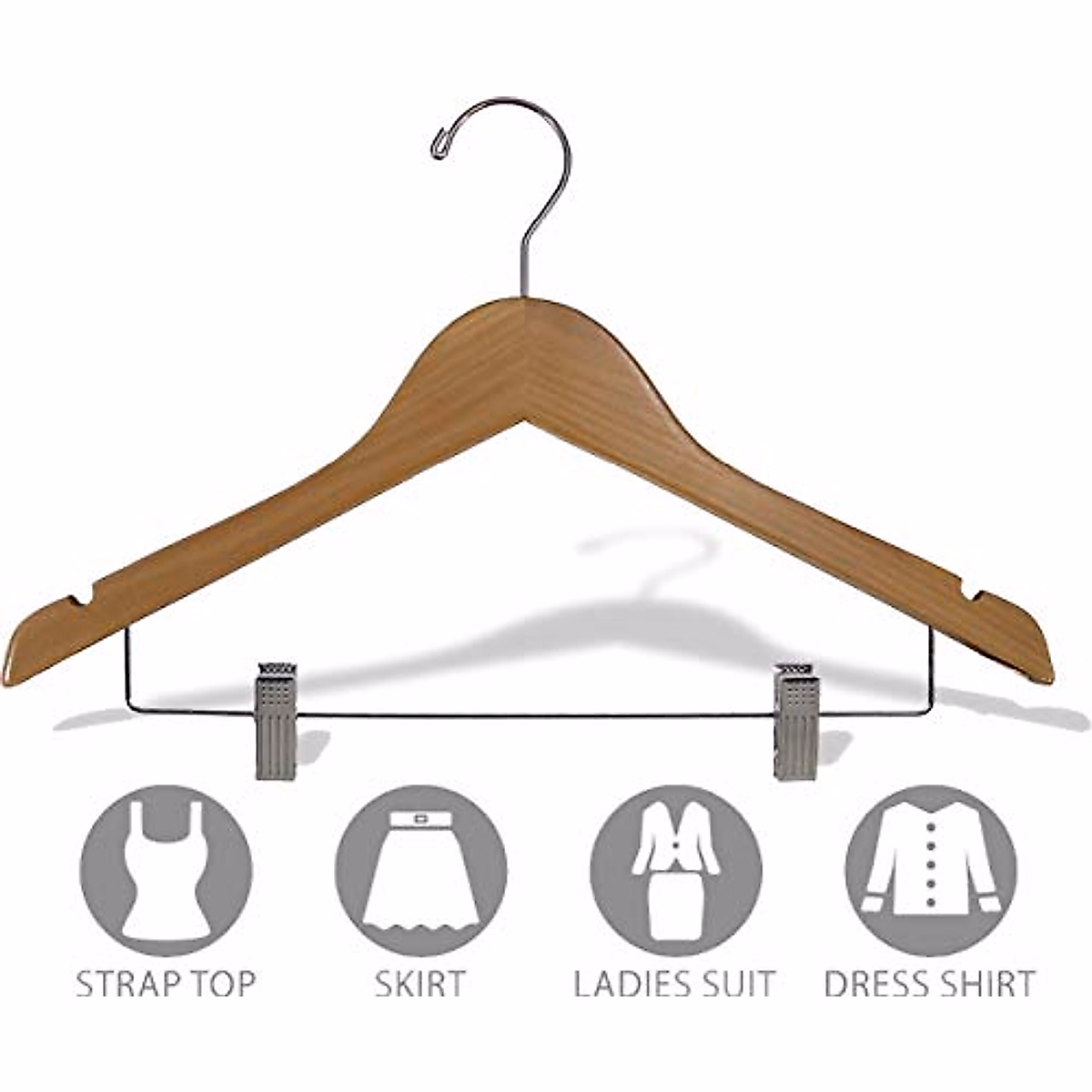 Petite Natural Wooden Combo Skirt Hanger with Clips in 15" Length X 7/16" Thick & Chrome Hardware, Box of 25