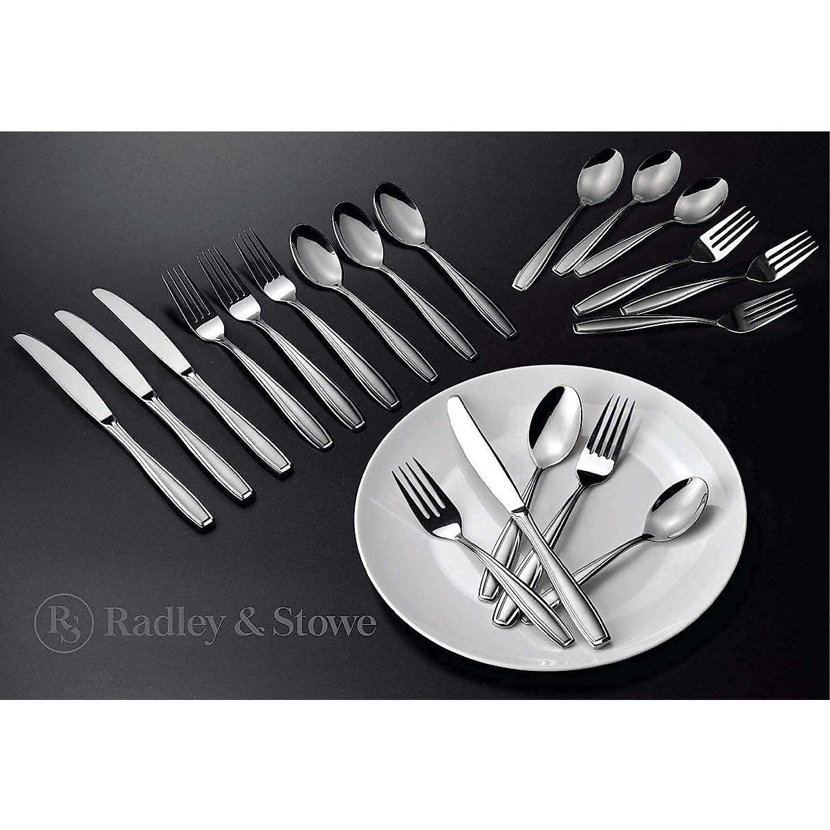 Radley & Stowe 60-Piece Flatware Durable Stainless Steel Silverware + 5-Piece Serving Set Bundle (Service for 12)