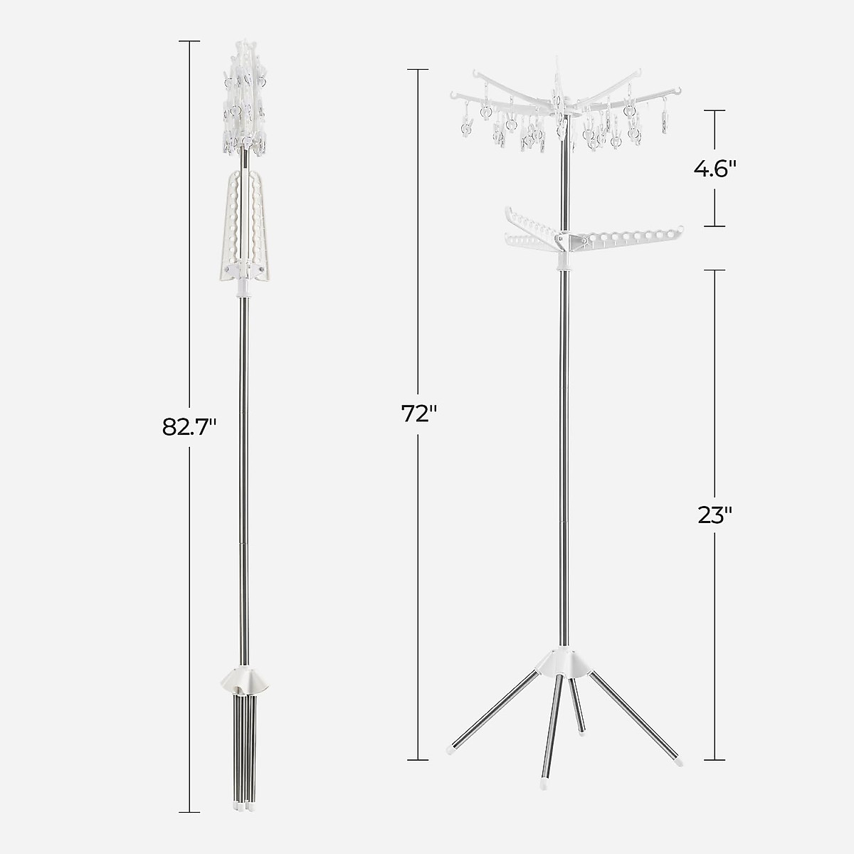 RudyHousee Clothes Drying Rack, 72 Inch Tripod Laundry Drying Rack 2 Tier, Folding Steamer Stand, Garment Rack for Hangers, for Saving Sapce, Clothes Storage, Metal Frame, Indoor Outdoor, White