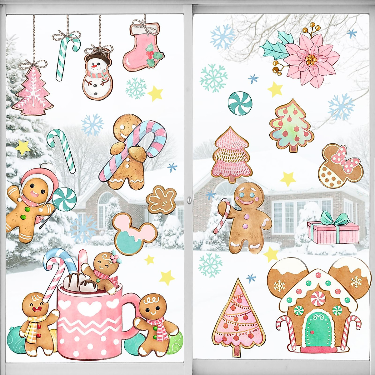 Mfault 148 PCS Merry Christmas Gingerbread Window Clings 9 Sheets, Xmas Ginger Bread Man Pink Candy Cane House Stickers Decals Decorations, Winter Snowflake Living Room Home Kitchen Decor Holiday Gift
