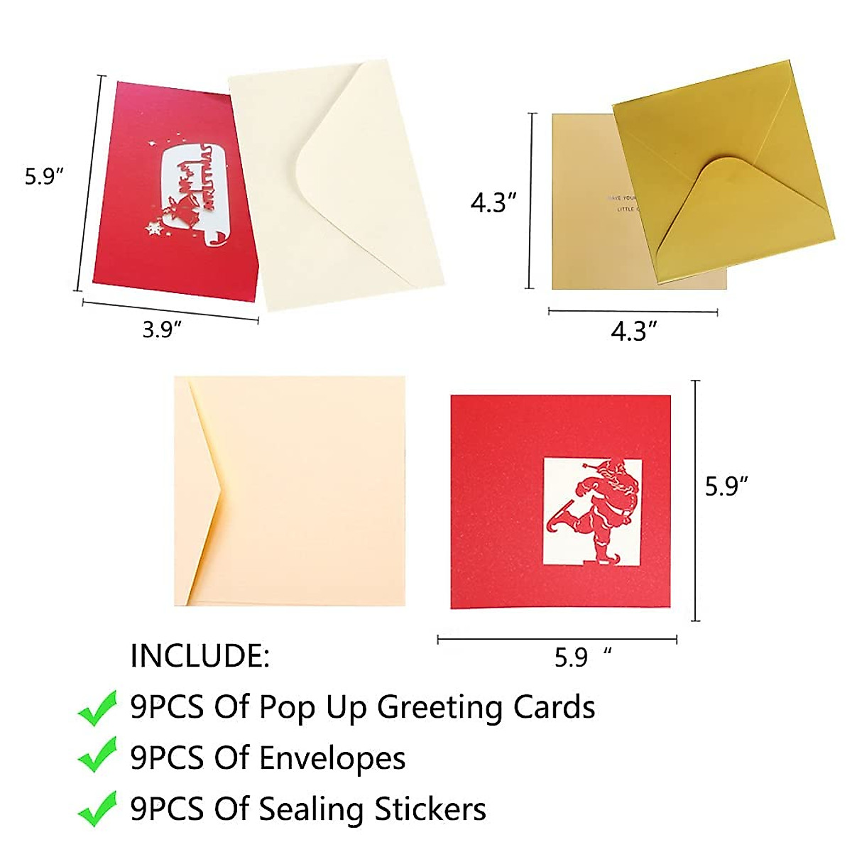 HILUCK 3D Pop Up Christmas Greeting Cards, Handmade Cards with Envelope Set of 9, For Chris Holiday- Feature Xmas Tree, Snowman, Reindeer, Santa and Bell