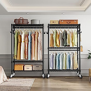 VIPEK V12 Medium Heavy Duty Rolling Garment Rack 3 Tiers Adjustable Clothes Rack with Double Rods & Hooks, Freestanding Wardrobe Closet Storage Rack Metal Clothing Rack for Hanging Clothes, Black