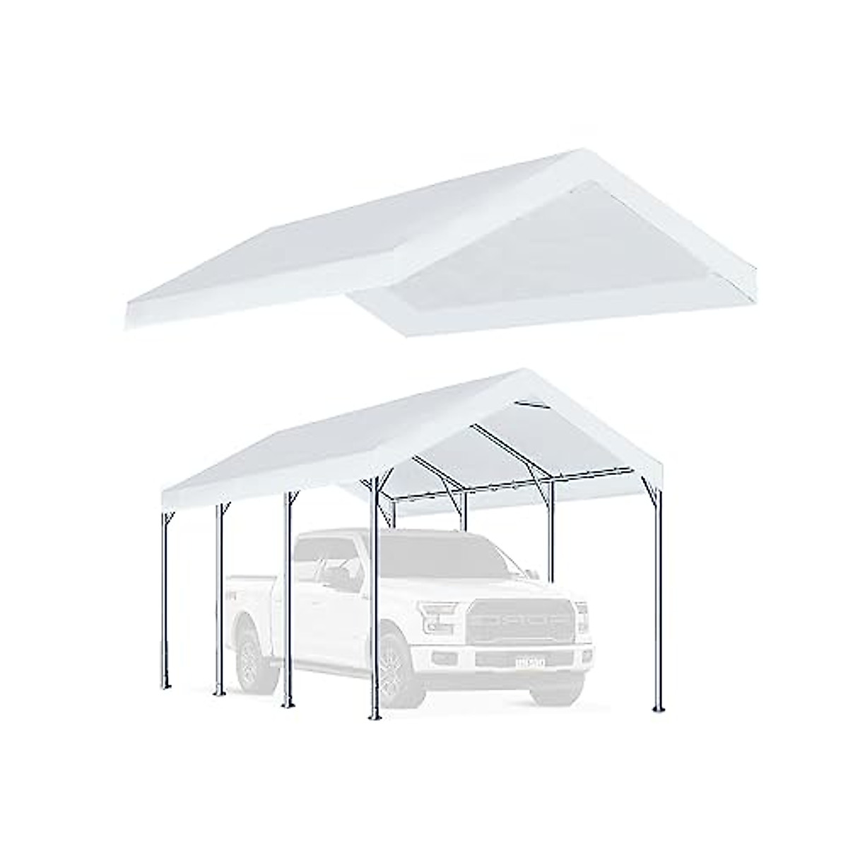 Rutile 12'x20' Carport Replacement Top Canopy Cover for Car Garage Shelter Tent Party Tent with Ball Bungees White (Only Top Cover, Frame is not Included)